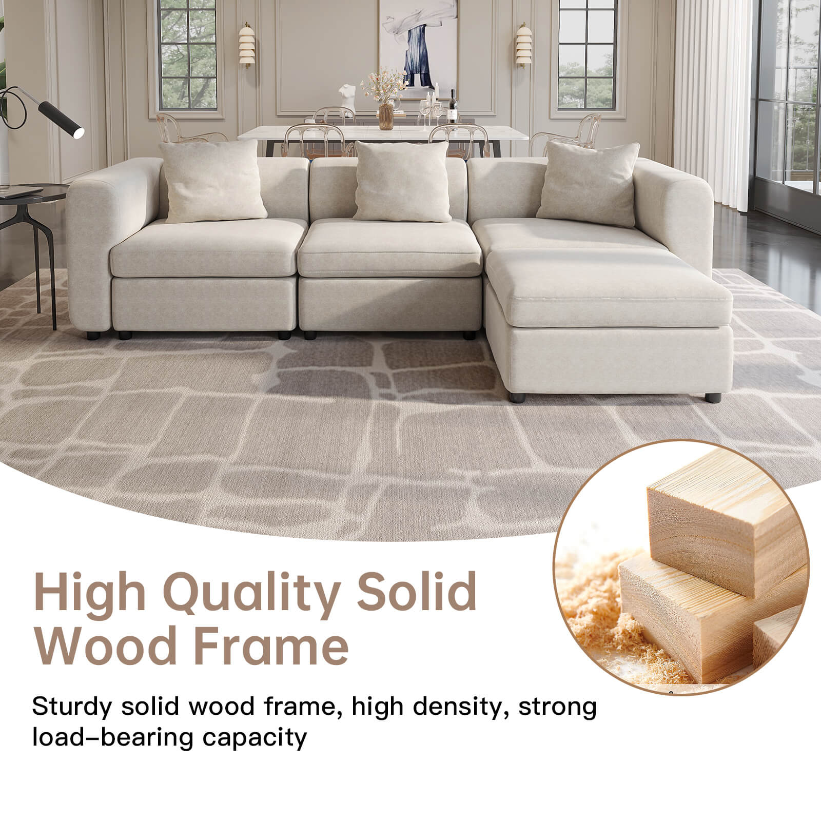 Velvet Sectional Sofa, Modern Oversized 4-Seater Sofa with 3 Pillows a ...