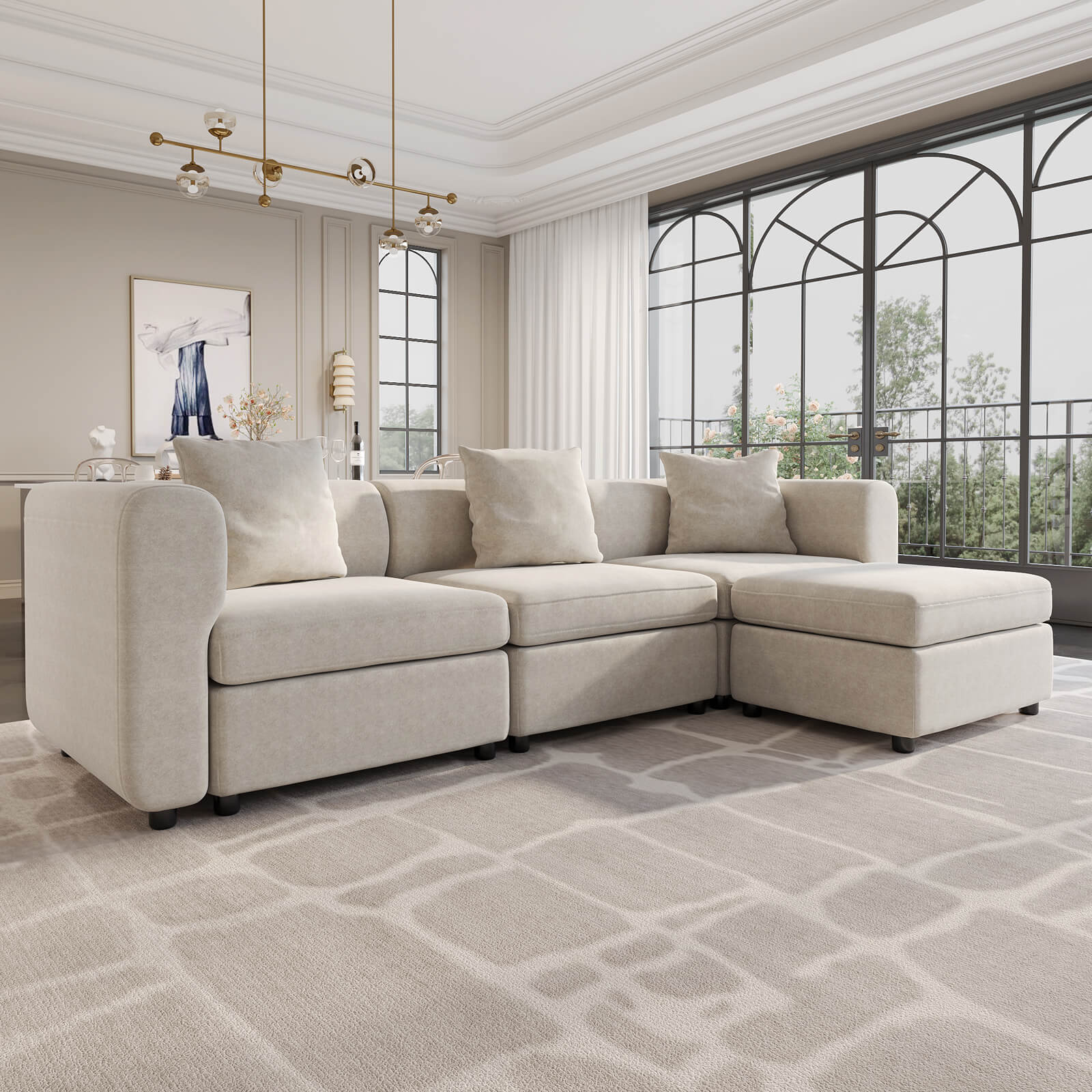 Velvet Sectional Sofa, Modern Oversized 4-Seater Sofa with 3 Pillows a ...