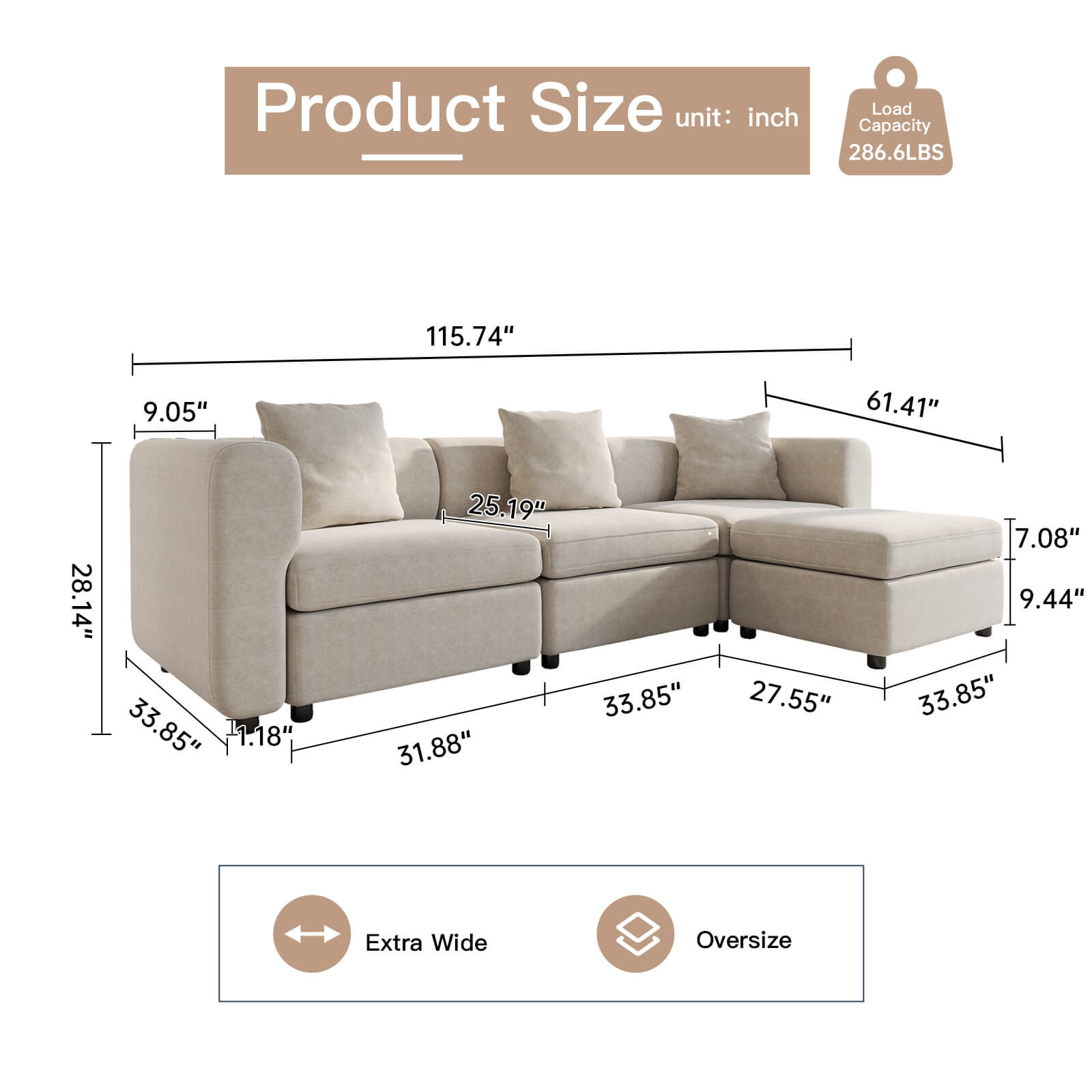 Velvet Sectional Sofa, Modern Oversized 4-Seater Sofa with 3 Pillows a ...